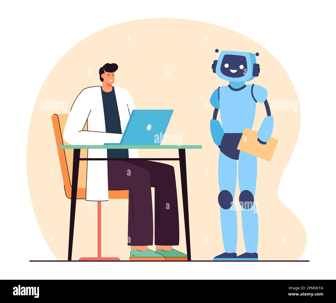 Doctor or scientist at computer desk talking to robot assistant Stock ...