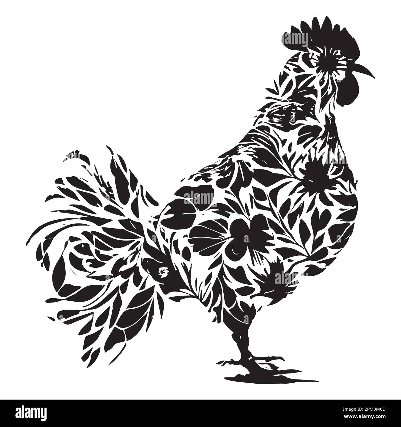 Hen chicken flower pattern black silhouette hen white background Vector ...