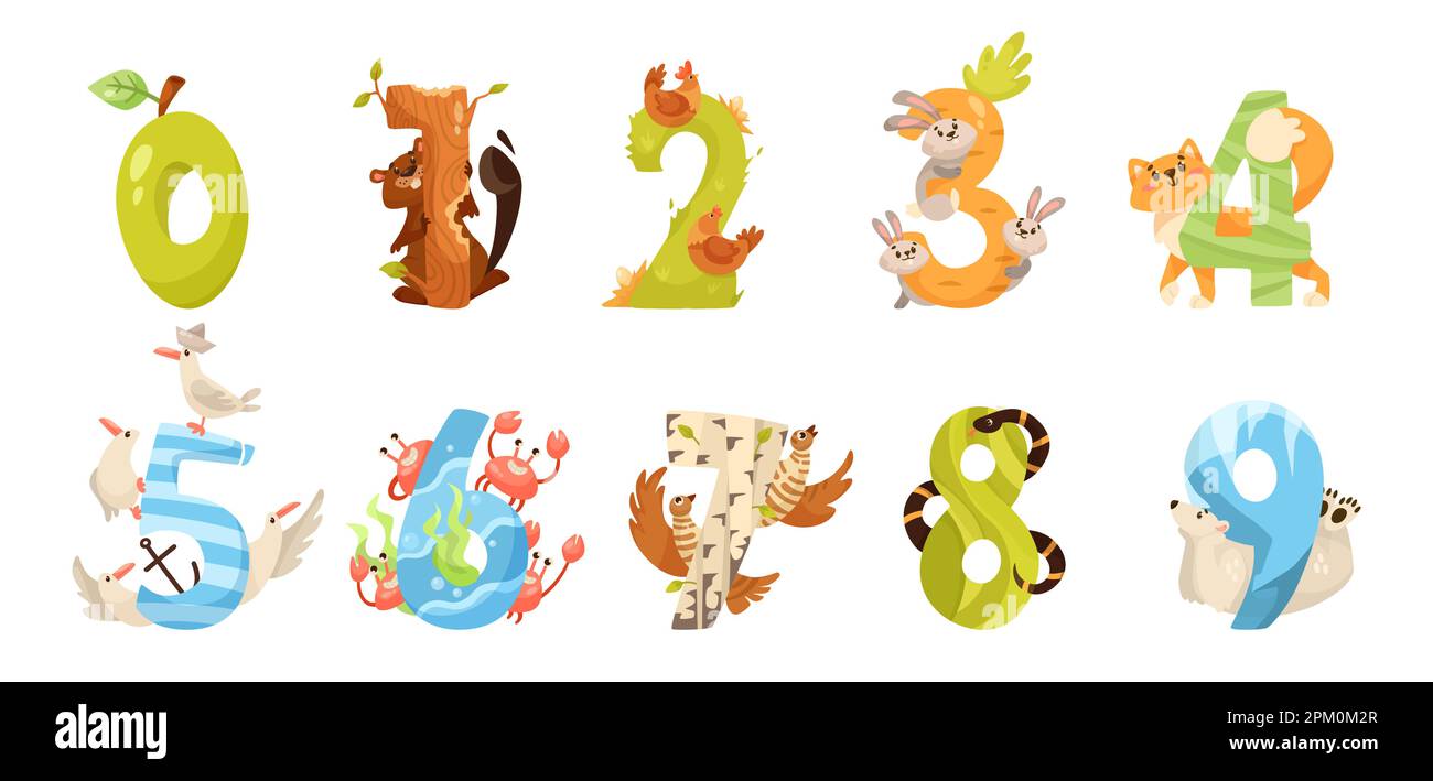 Animal cartoon characters with numbers vector illustrations set Stock ...