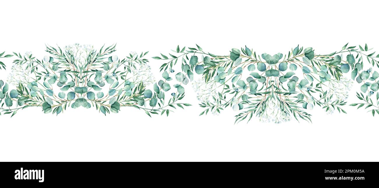 Horizontal watercolor floral seamless border pattern. Eucalyptus ...