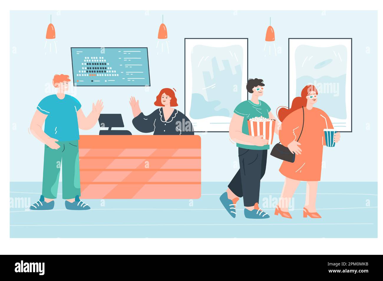 Cartoon cashier behind counter selling tickets at movie theater Stock Vector Image & Art - Alamy