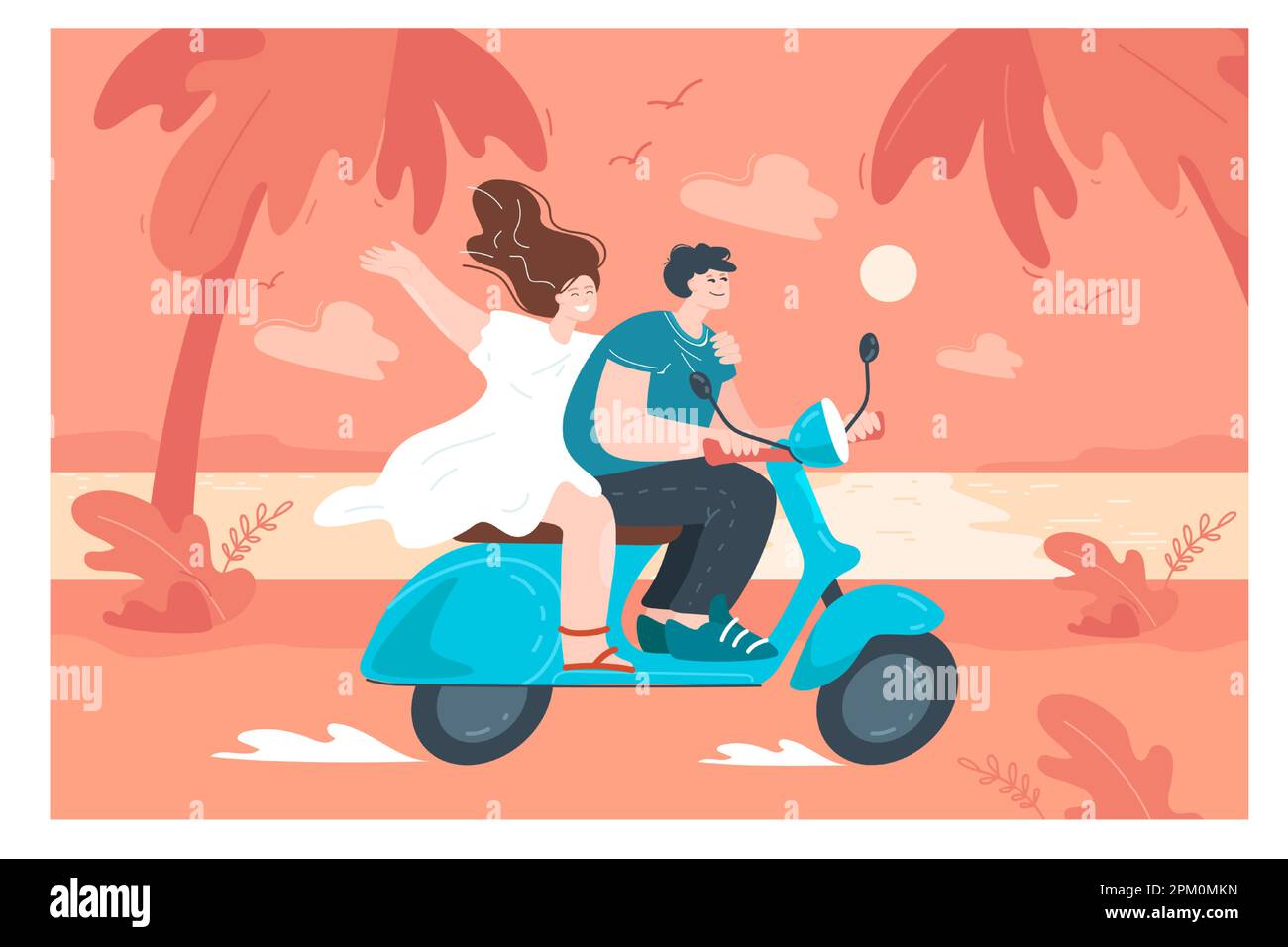 Happy cartoon boyfriend and girlfriend going on trip by moped Stock ...