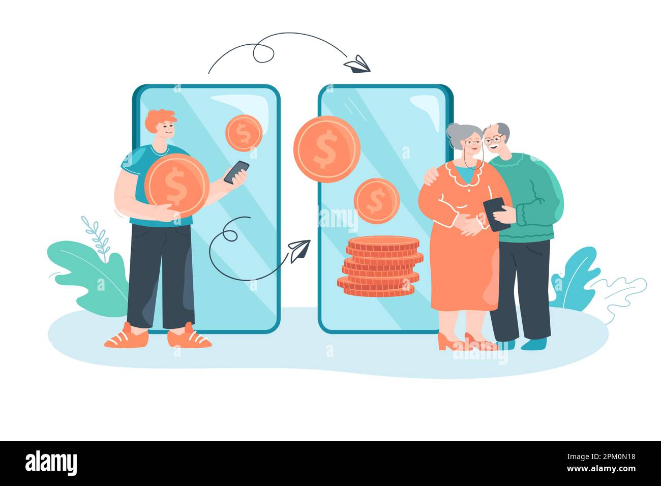 Cartoon son using mobile app to transfer money to old parents Stock ...