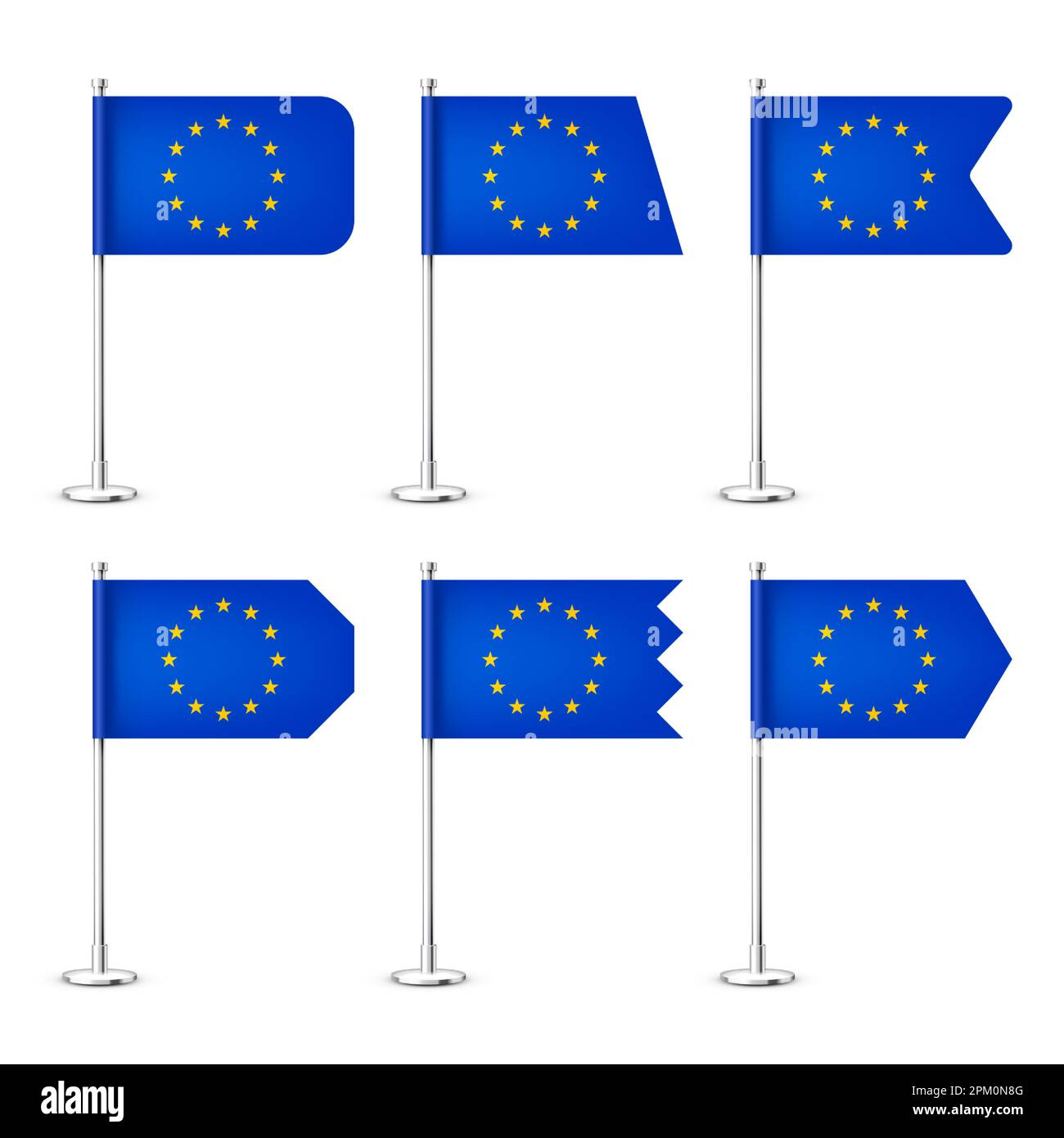 Realistic various European table flags on a chrome steel pole. Souvenir ...