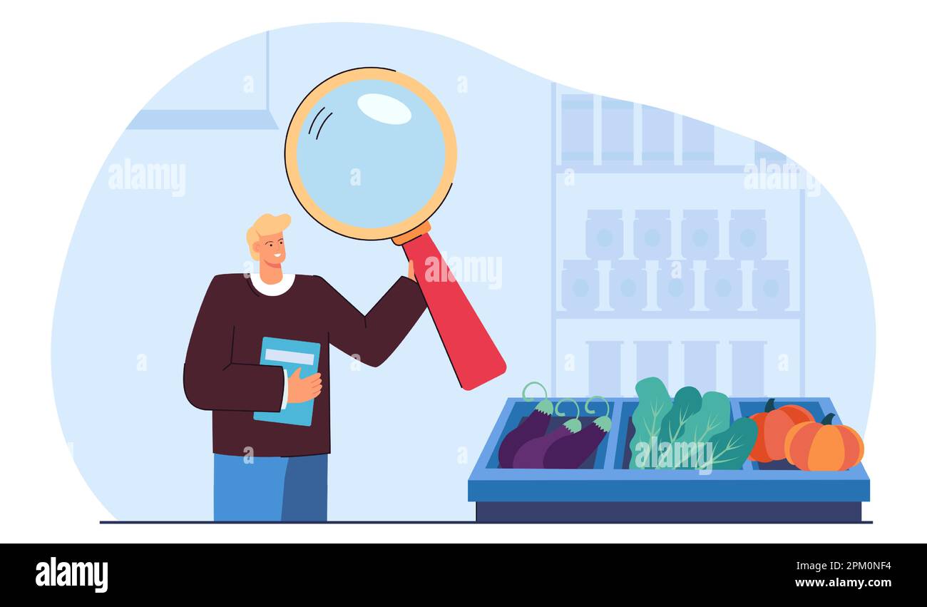Man with big magnifier examining vegetables in grocery store Stock ...