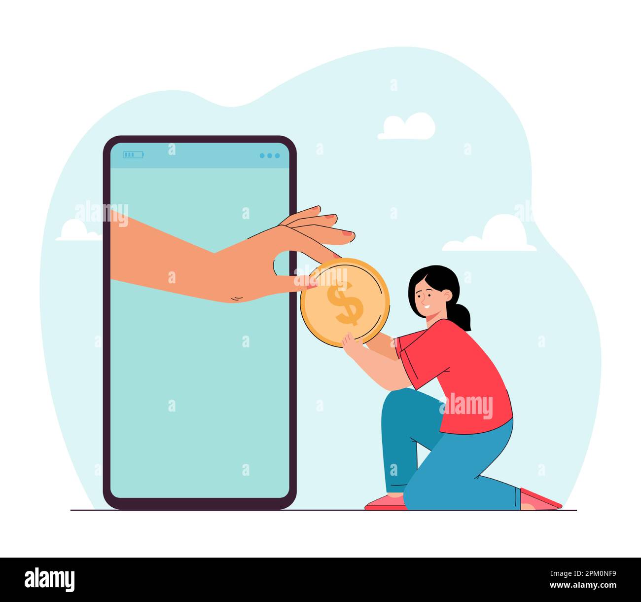 Hand coming out of huge phone and giving gold coin to girl Stock Vector ...