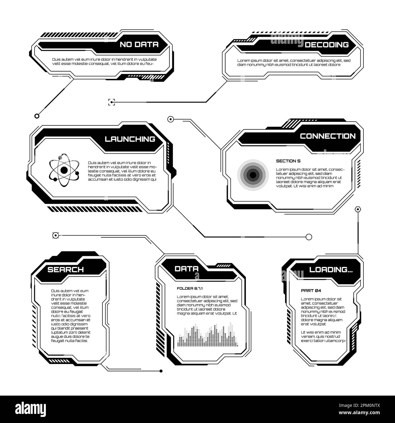 Black futuristic HUD, UI elements. Sci-fi user interface text boxes ...