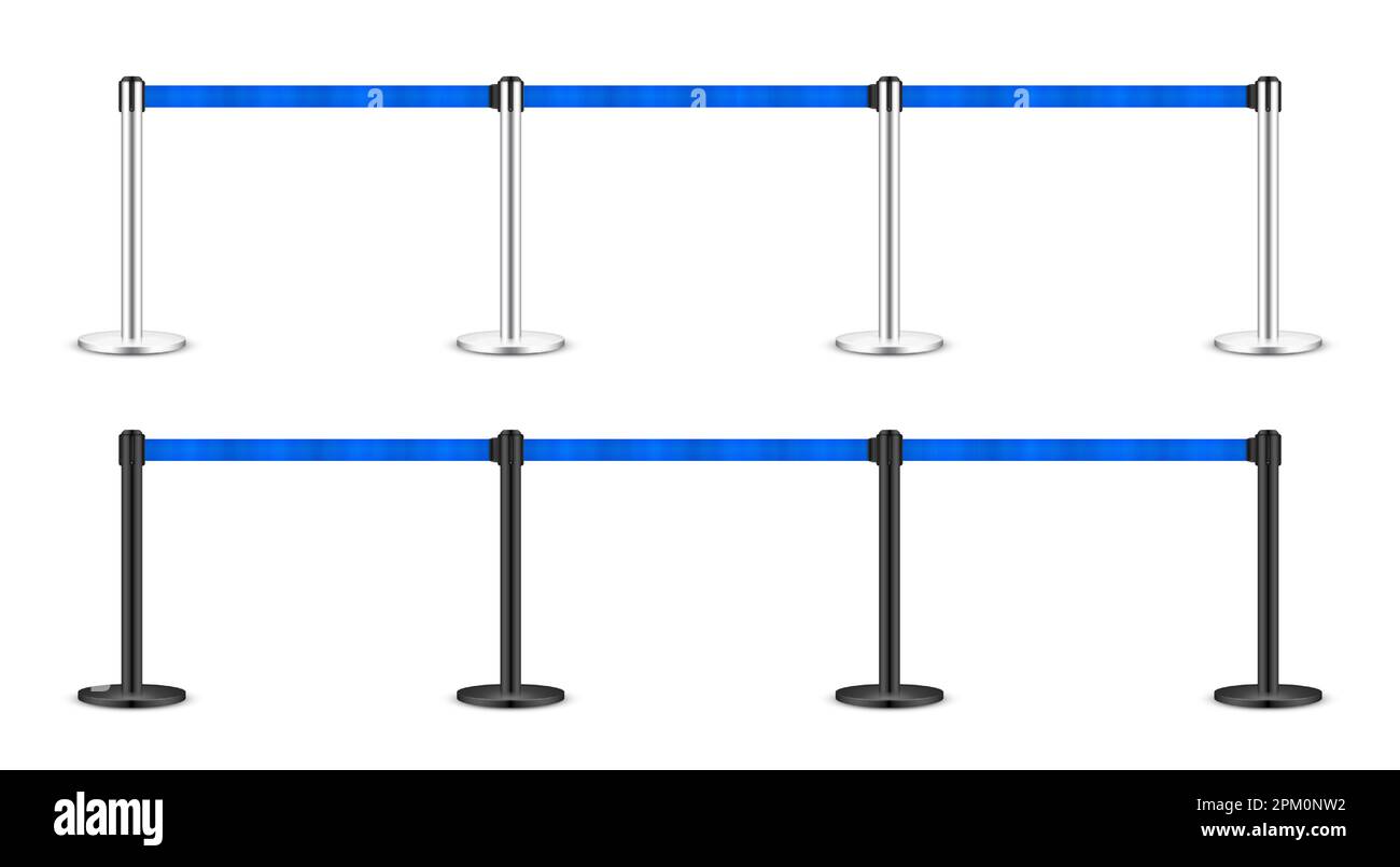 Realistic blue retractable belt stanchion. Crowd control barrier posts ...