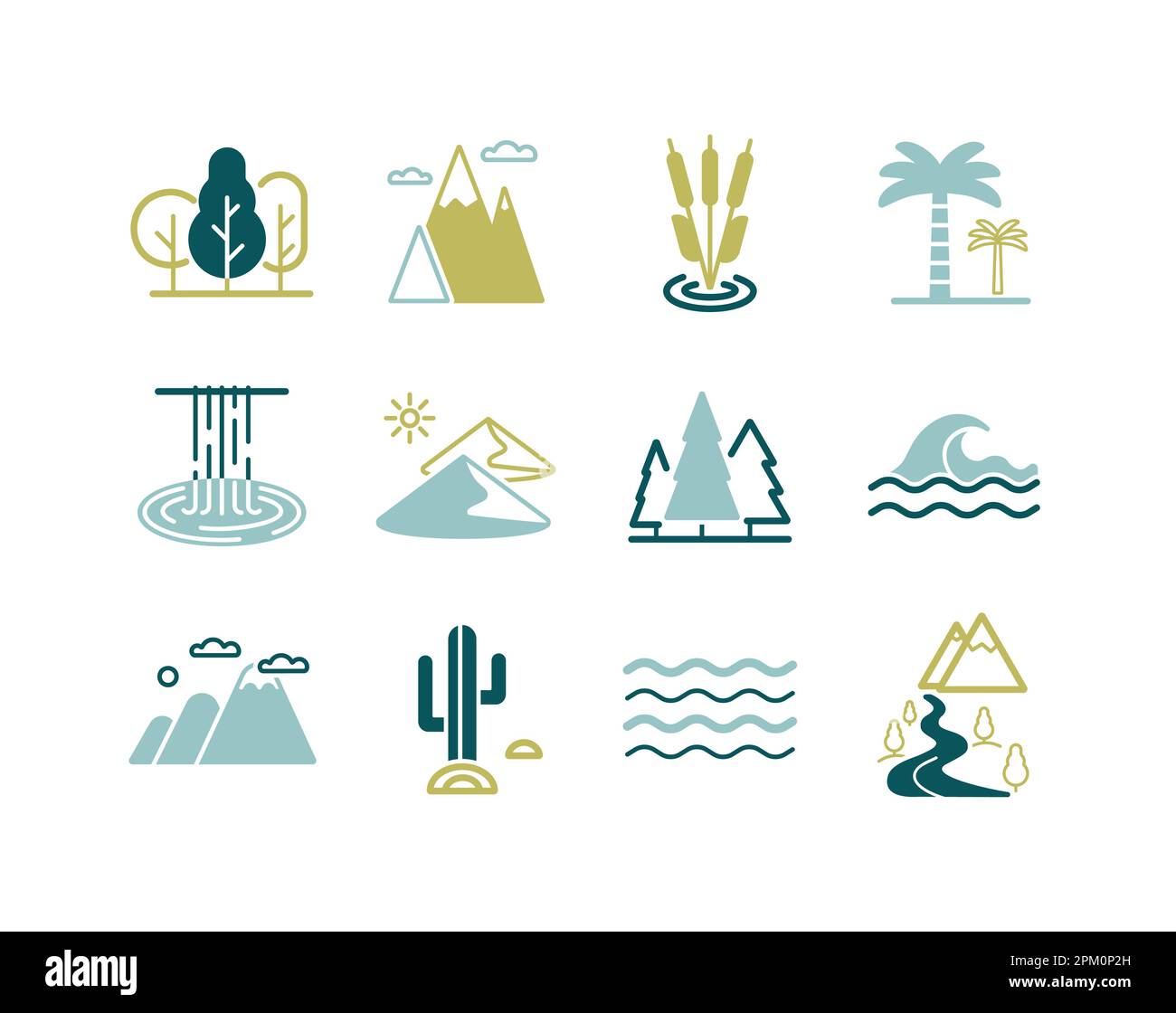 Vector nature isolated icons set. desert, mountains, forest, river, sea ...