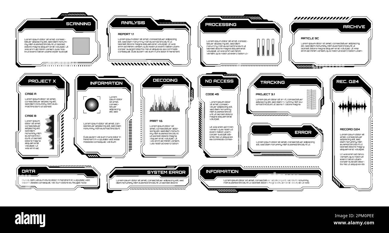 Black futuristic HUD, UI elements. Sci-fi user interface text boxes ...
