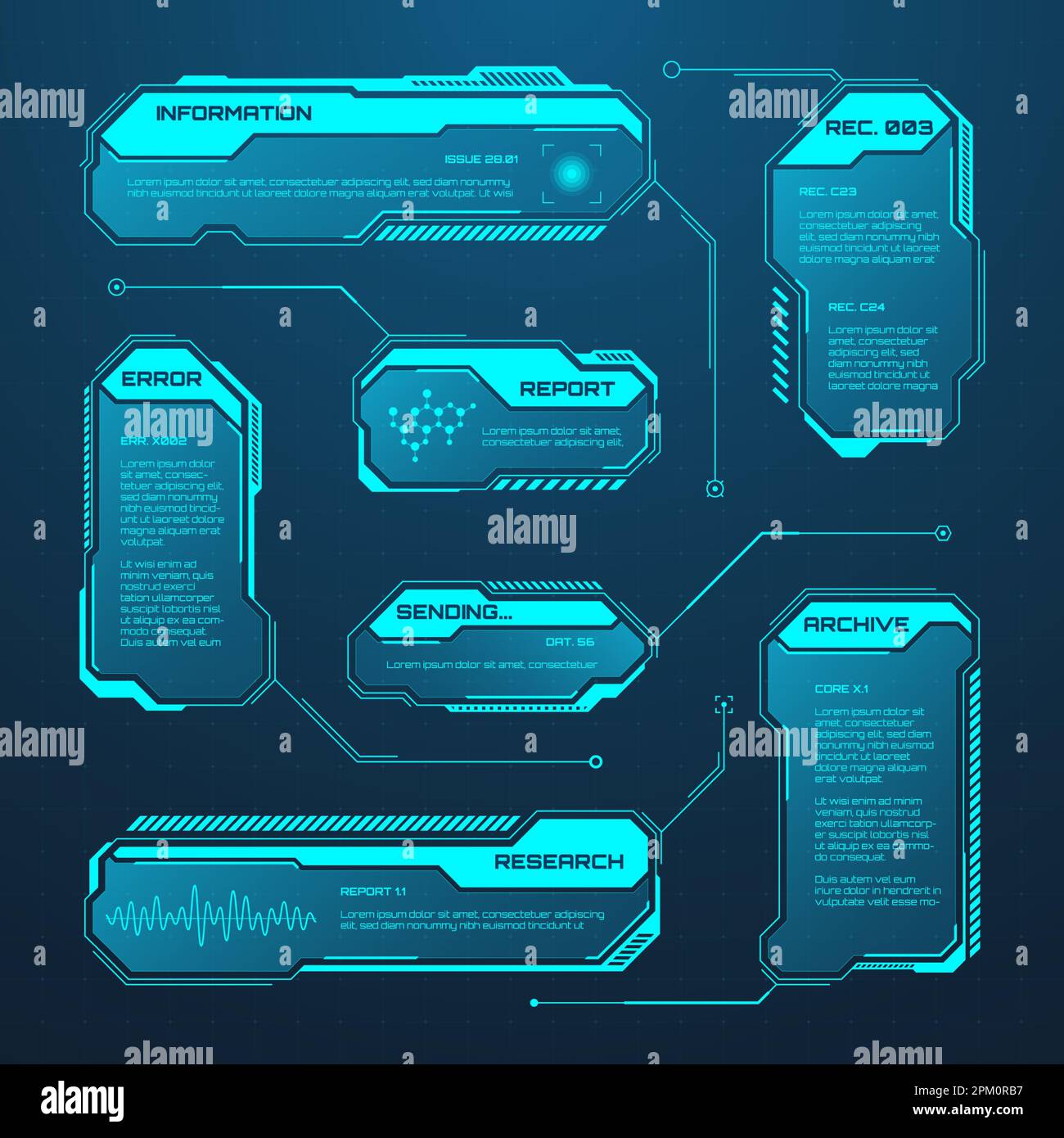 Blue futuristic HUD or UI elements. Sci-fi user interface text boxes, callouts. Warning message ...