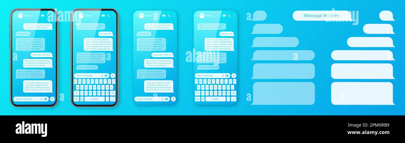 Realistic smartphone with messaging app on colorful blue background ...