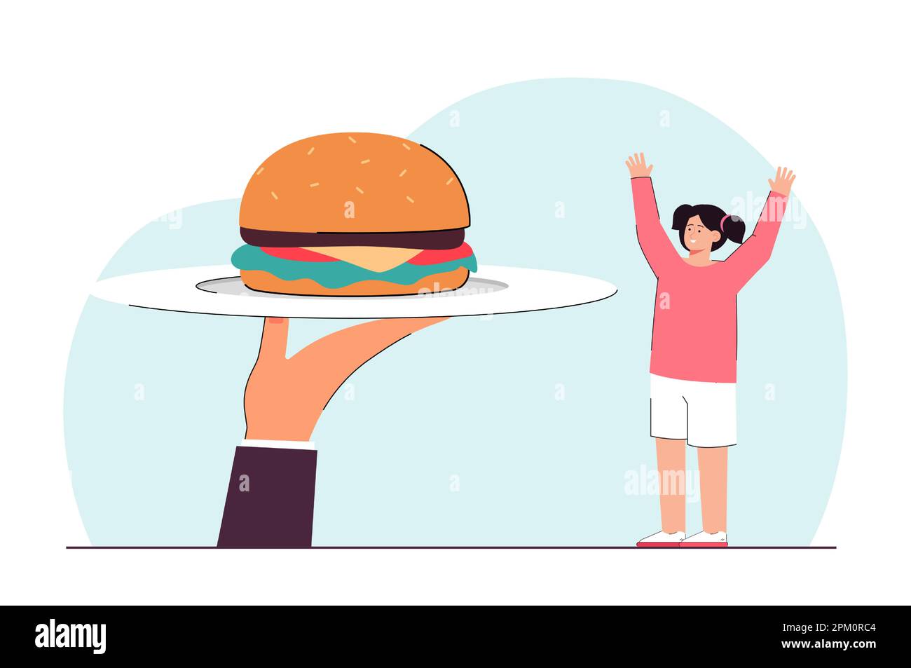 Huge hand offering hamburger on plate to tiny girl Stock Vector Image ...