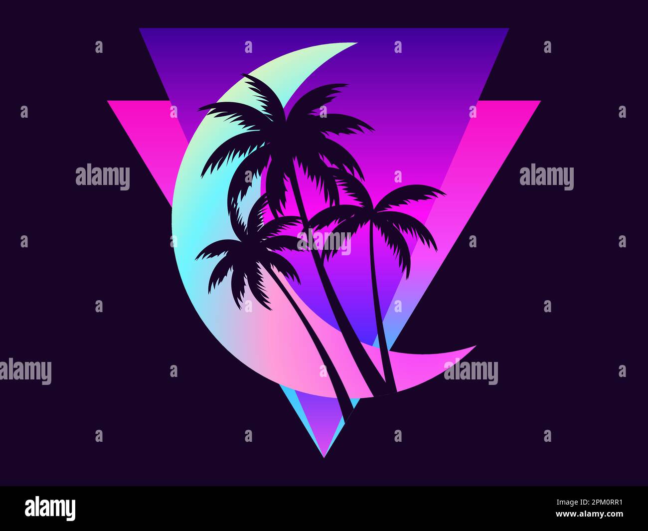 Gradient crescent with palm trees in a futuristic 80s style. Banner ...