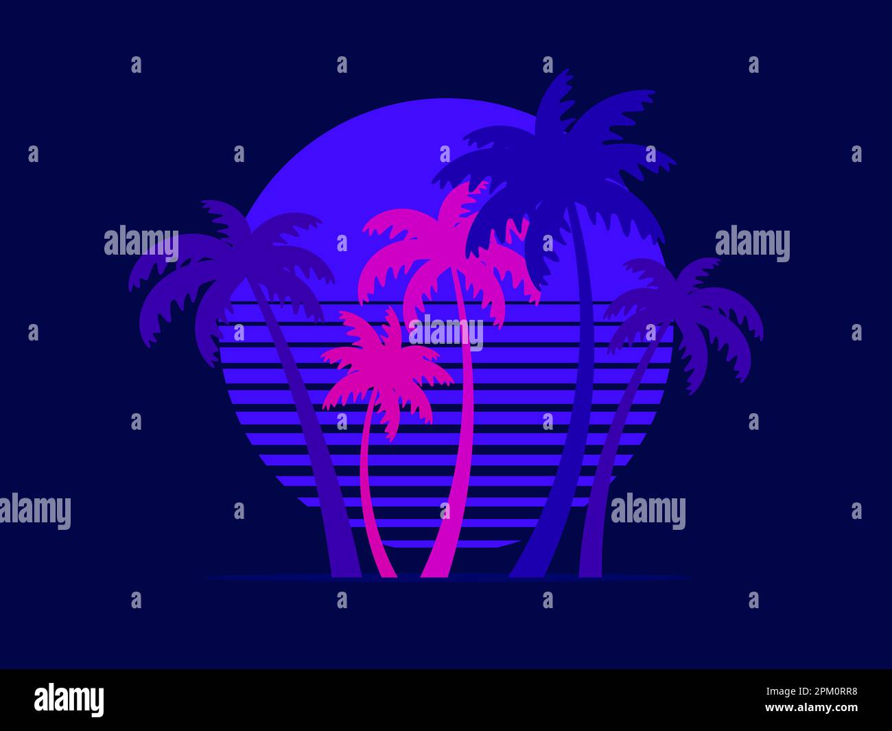 Palm trees against the backdrop of a retro sun in the style of the 80s ...