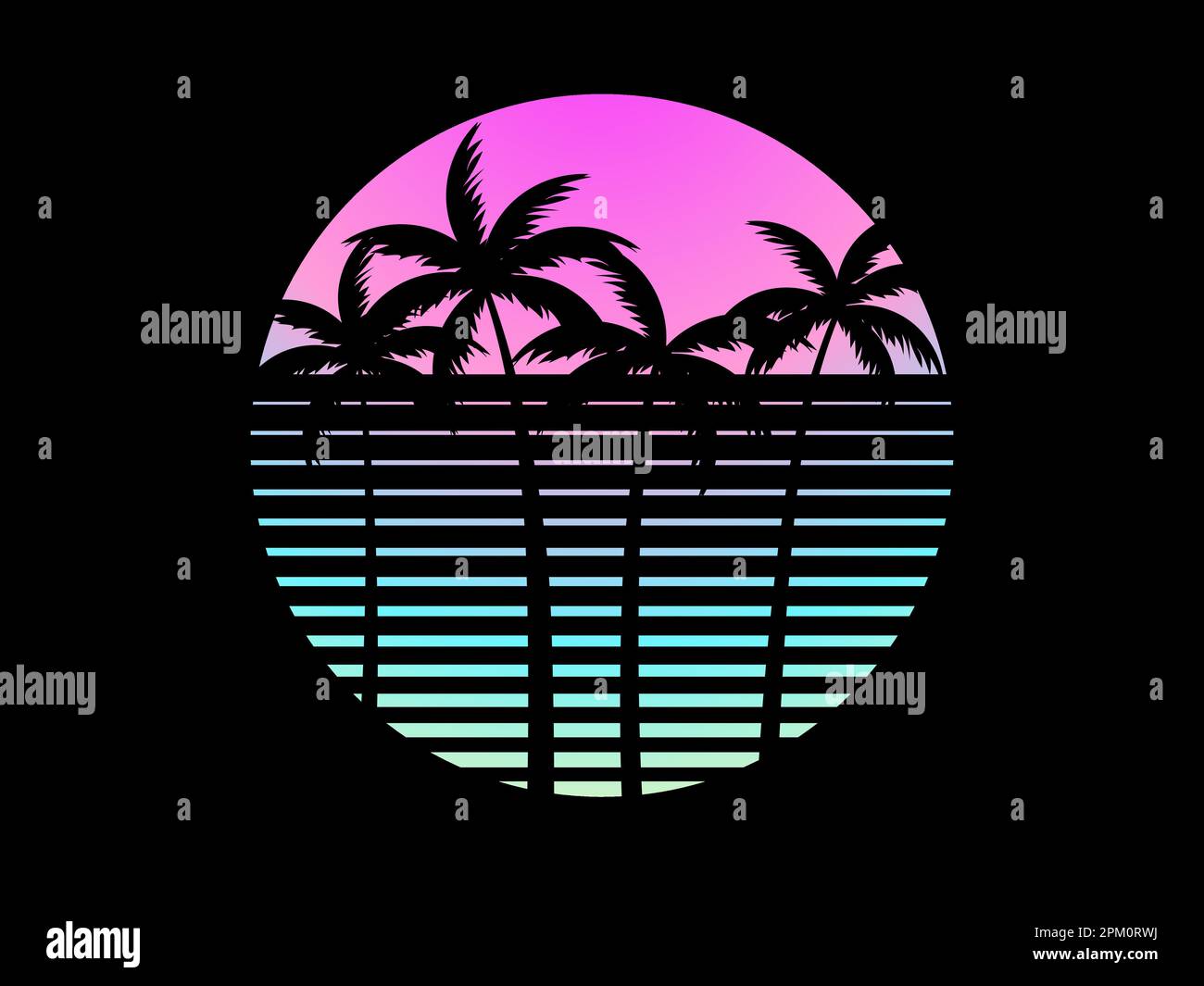 Tropical palm trees at sunset in a futuristic 80s style. Summer time ...