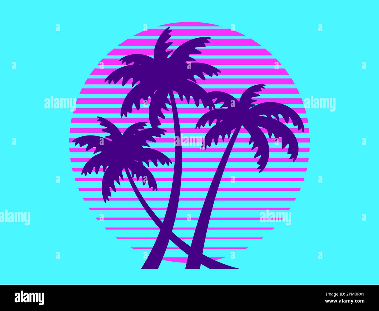 Sunset with palm trees in 80s style. Summer party. Retro futuristic sun ...