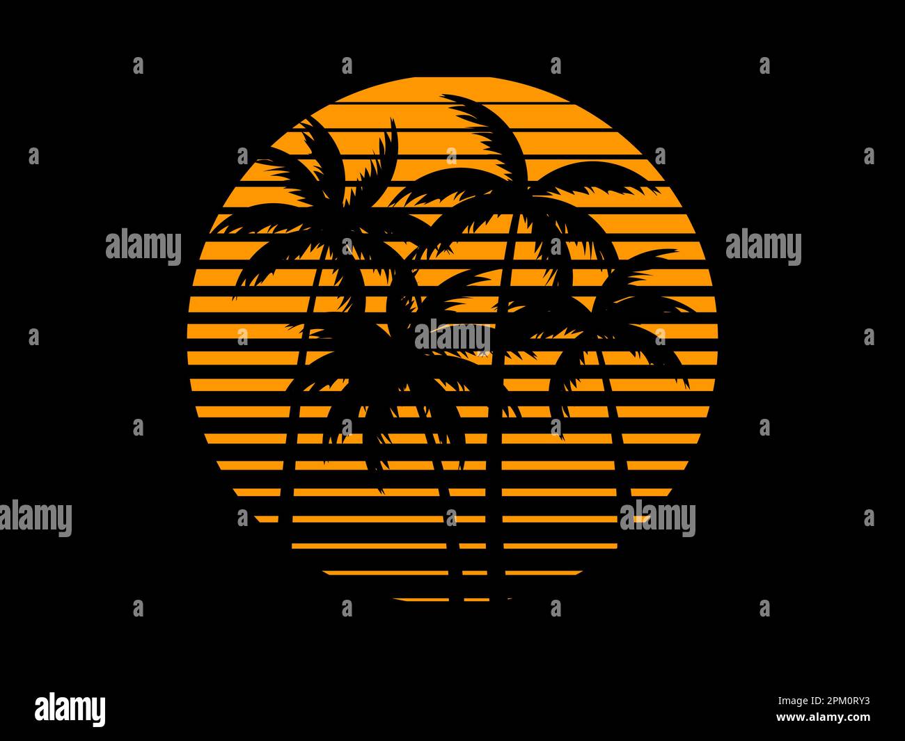 Tropical palm trees at sunset in a futuristic 80s style. Summer time ...