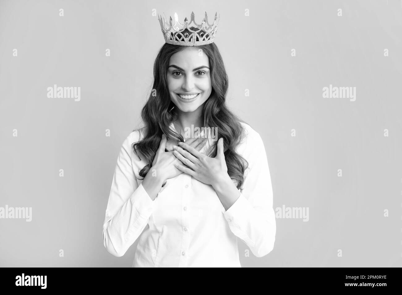 Young woman queen wear golden crown, isolated gray background Stock ...