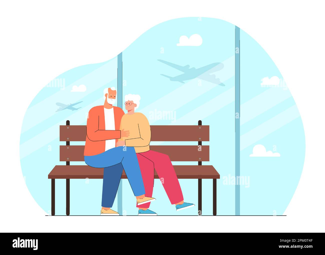 Cartoon senior couple sitting and hugging on bench in airport Stock ...