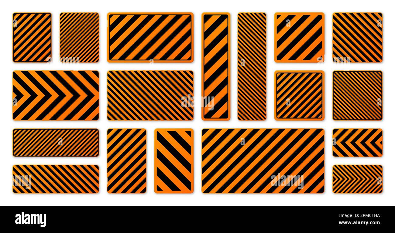 Various black and orange warning signs with diagonal lines. Attention ...