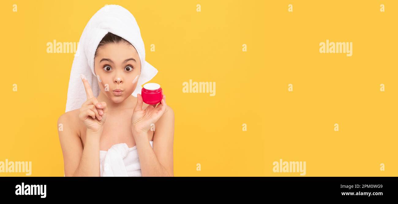 Clean skin care of teenager girl, amazed teen girl in shower towel ...