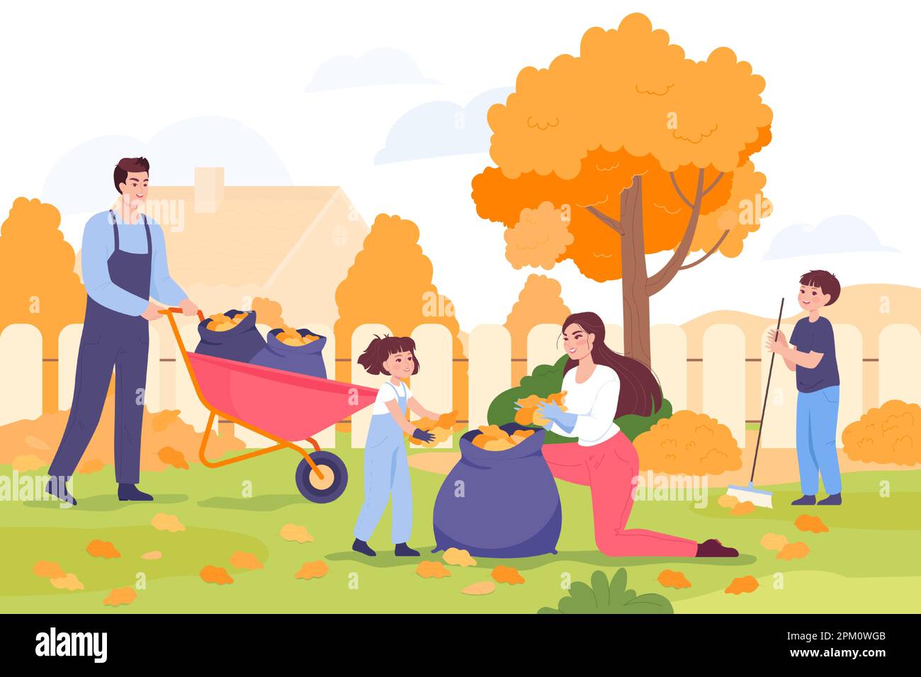 Happy family or neighbors collecting piles of leaves in yard Stock ...