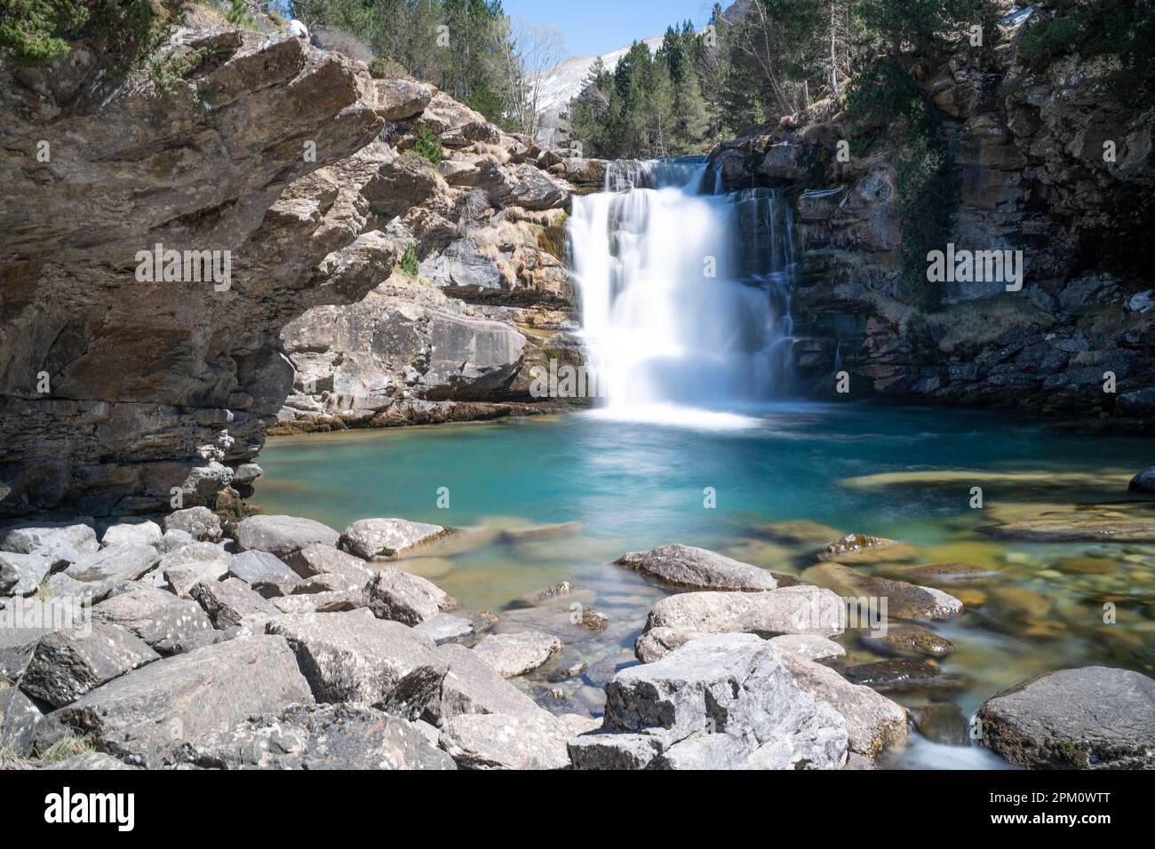 waterfall in the river in Ordesa National Park in the spanish Pyrenees ...