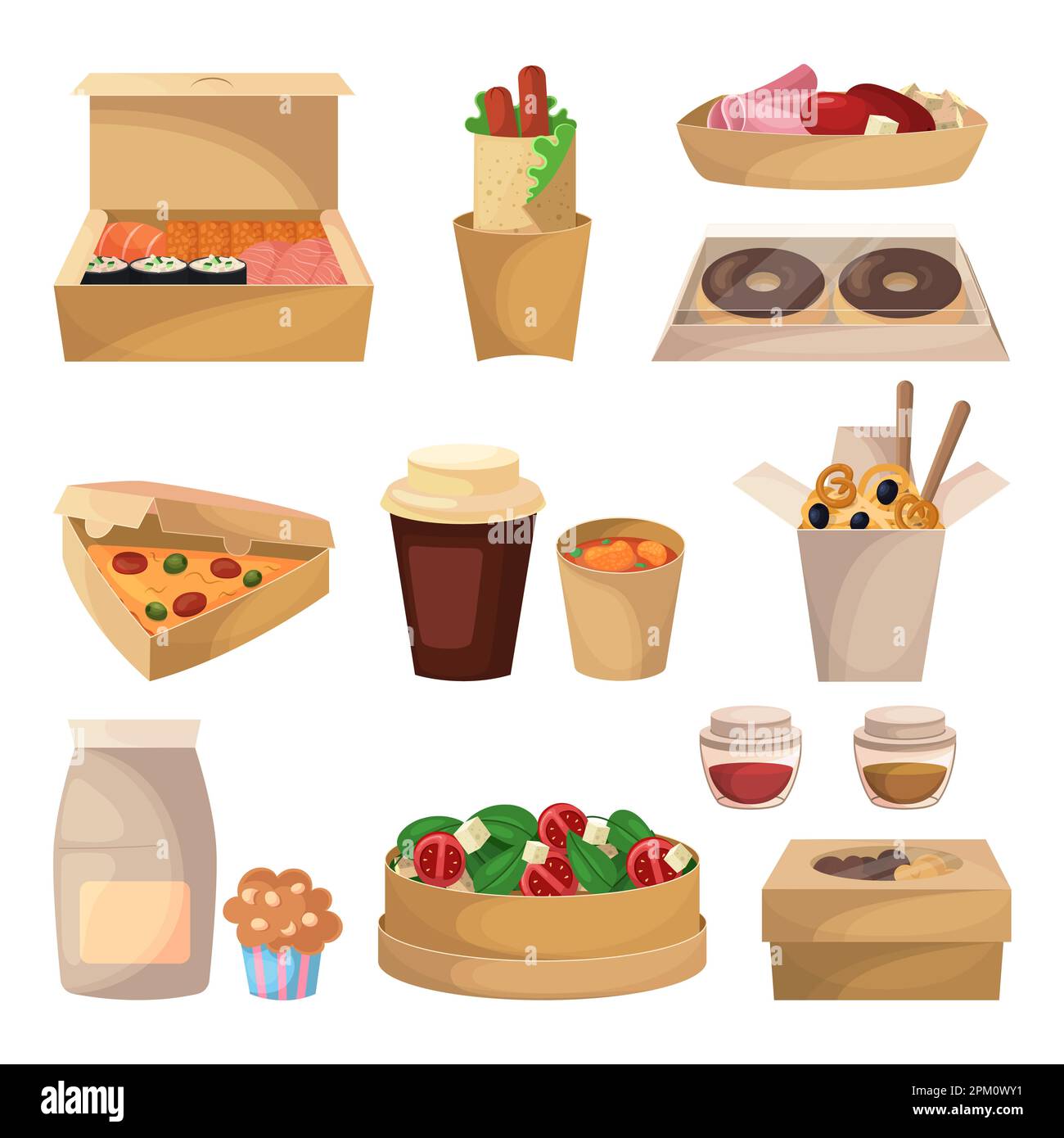Takeaway packaging with different meals vector illustrations set Stock ...
