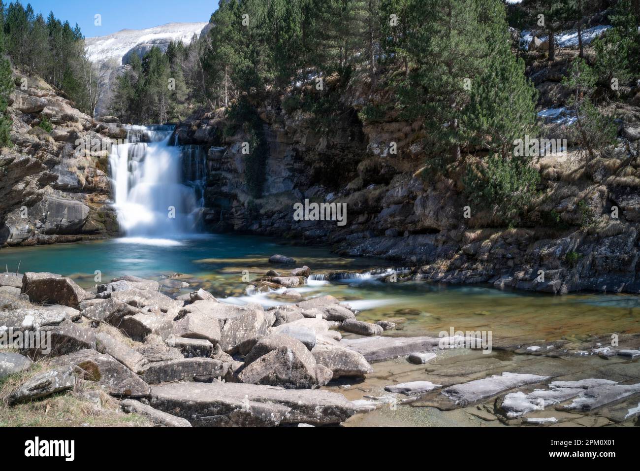 waterfall in the river in Ordesa National Park in the spanish Pyrenees ...