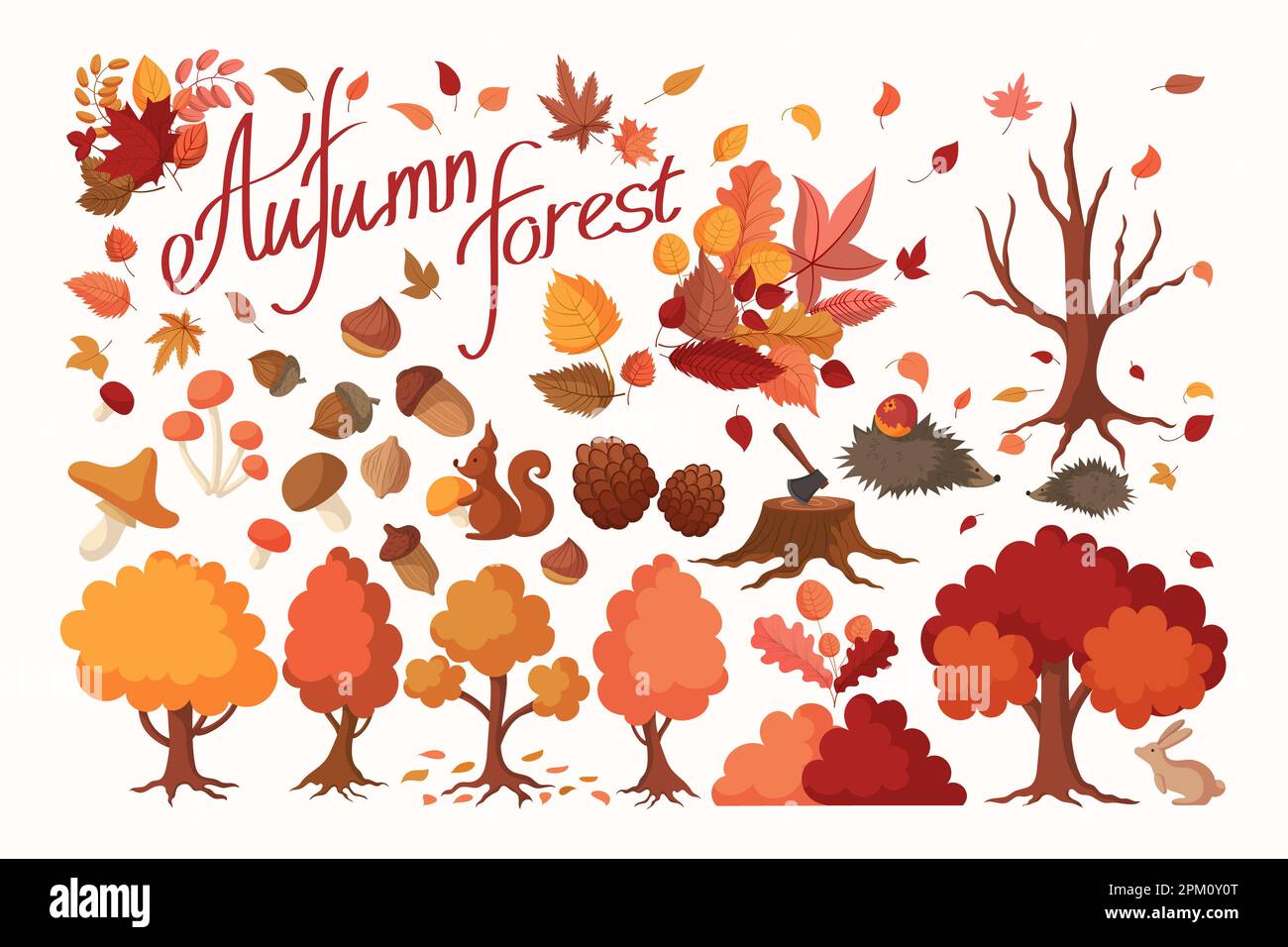 Autumn trees and forest animals vector illustrations set Stock Vector ...