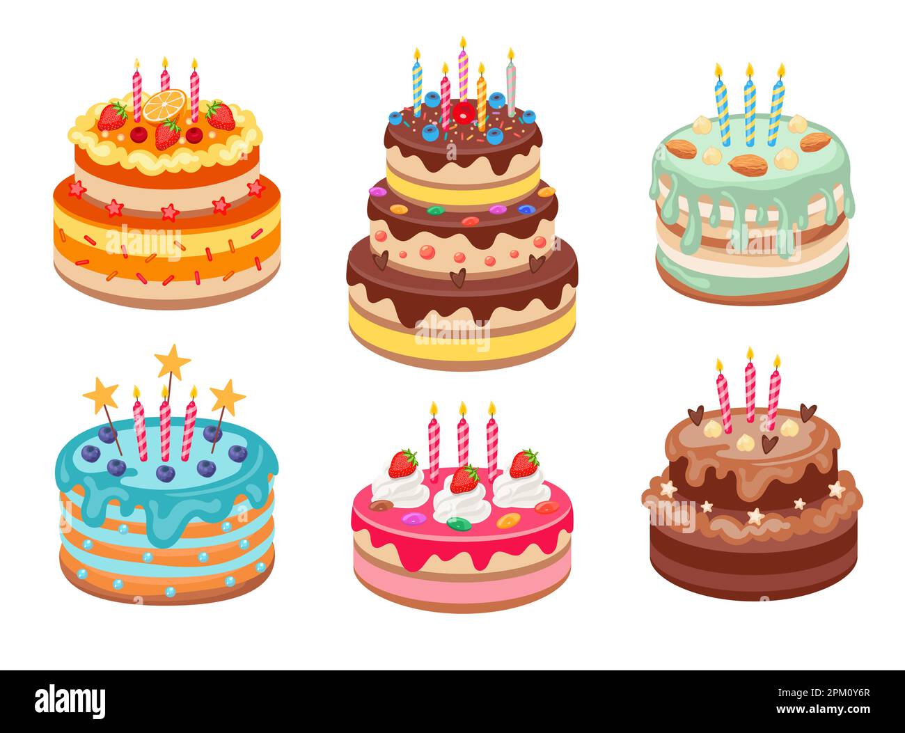 Birthday cakes with candles cartoon vector illustrations set Stock ...