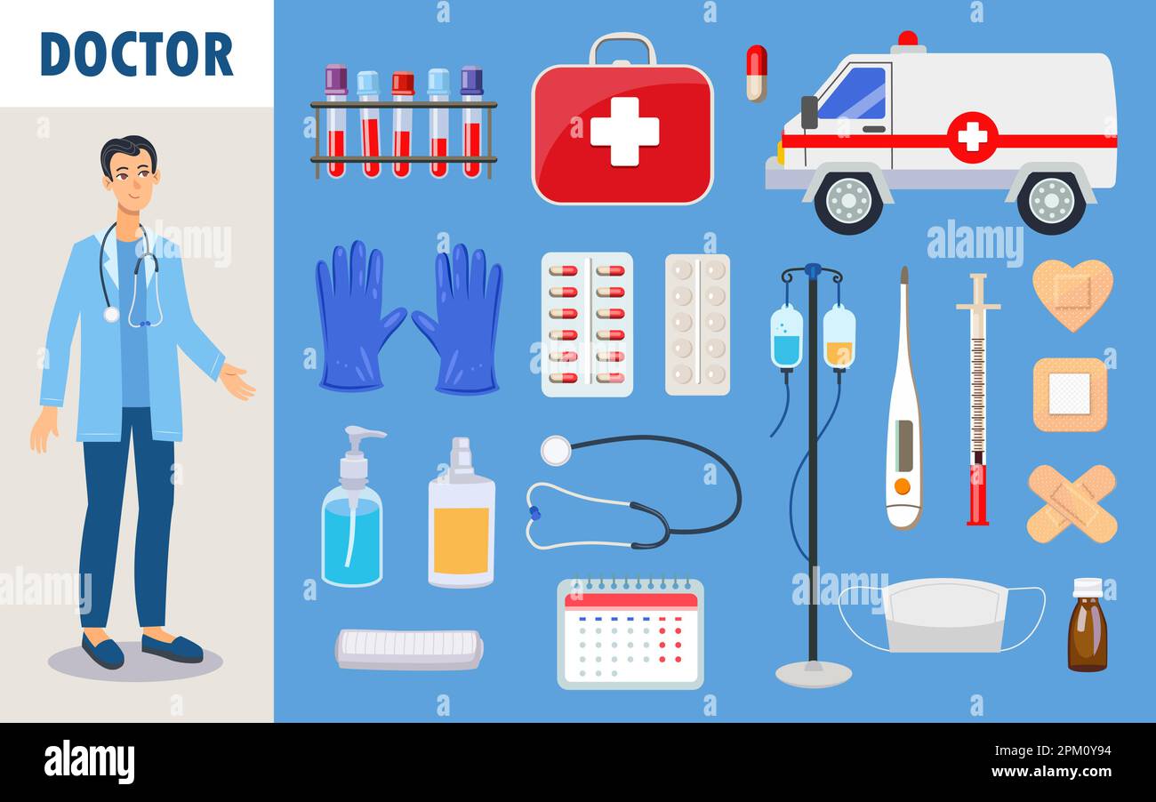 Doctor character and medical objects vector illustrations set Stock ...