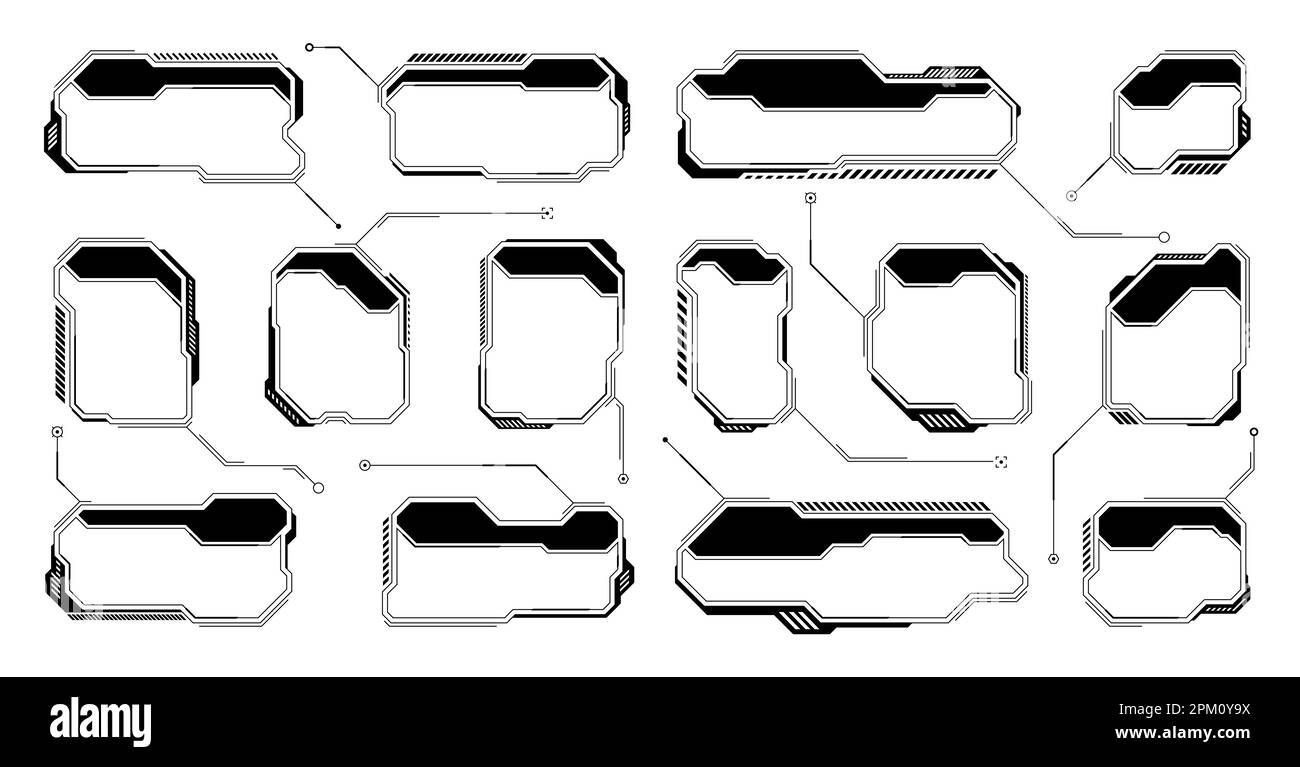 Black futuristic HUD or UI elements. Sci-fi user interface text boxes ...