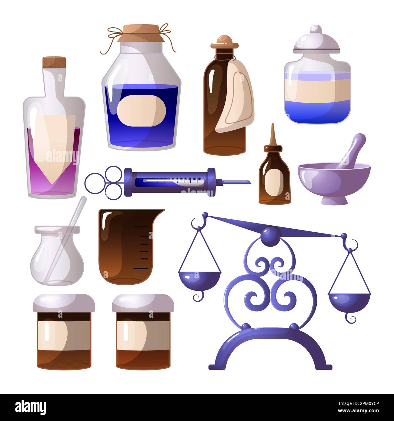 Empty flasks and apothecary supplies cartoon illustration set Stock ...