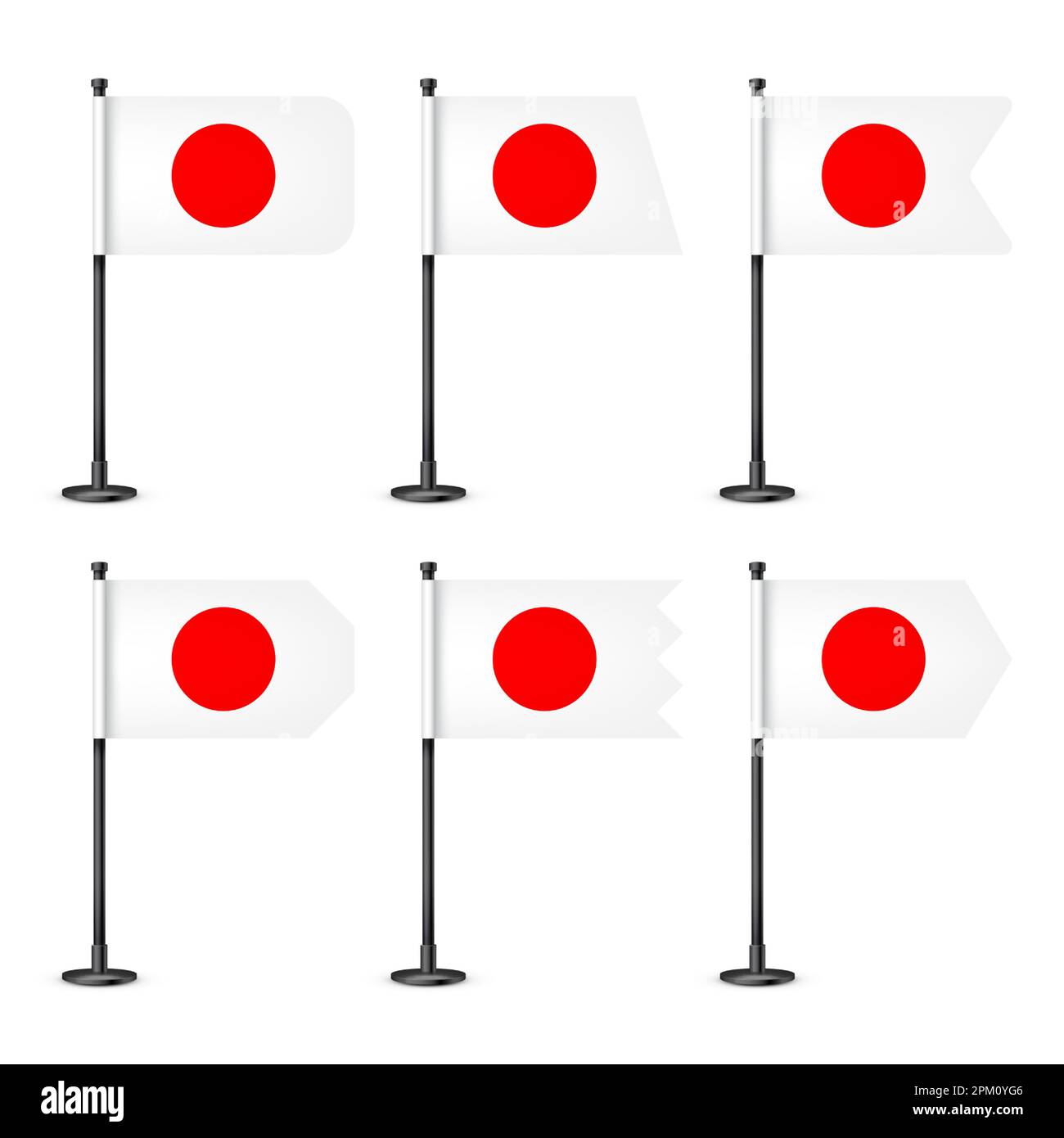 Realistic various Japanese table flags on a black steel pole. Souvenir ...