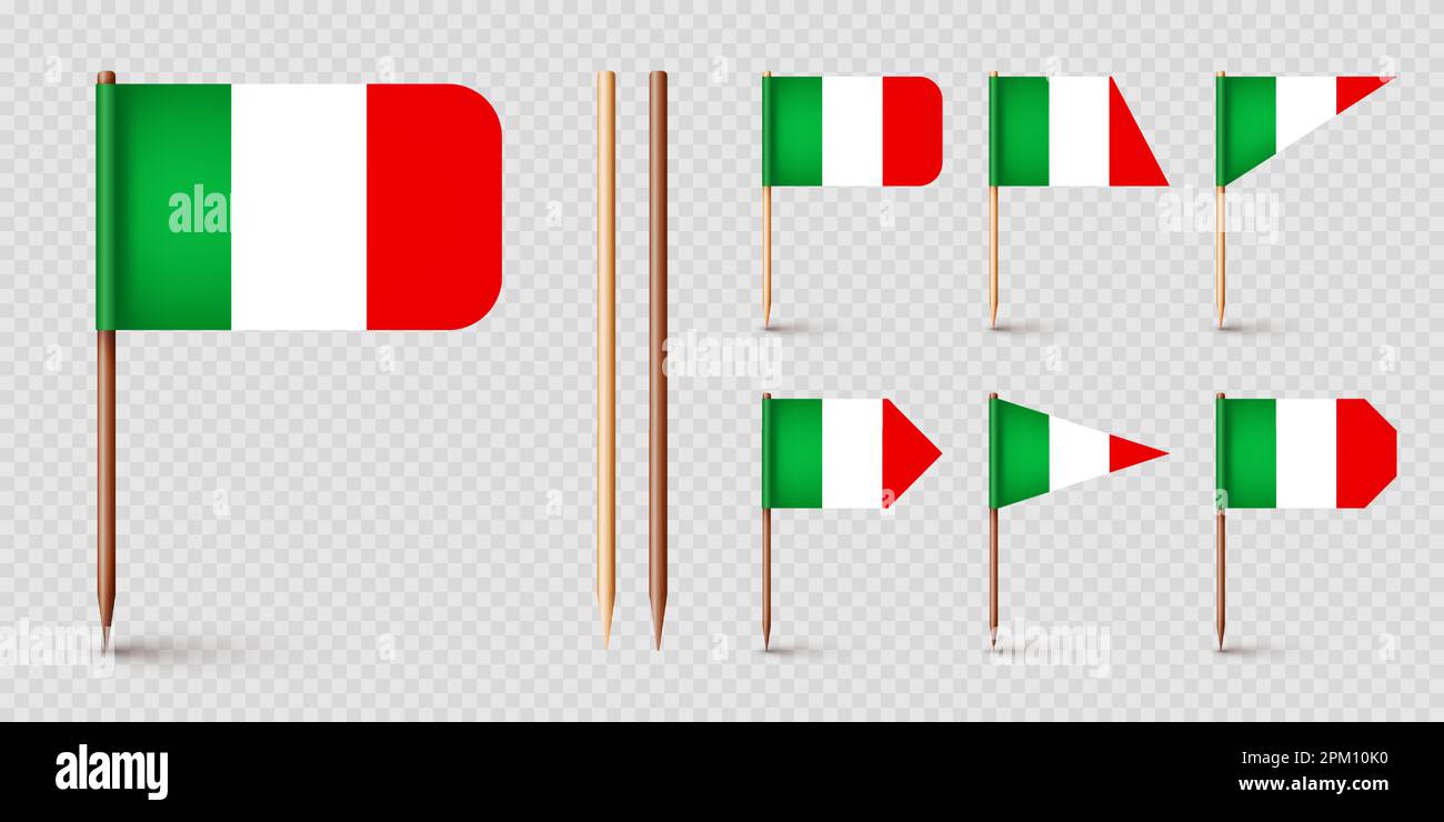 Realistic various Italian toothpick flags. Souvenir from Italy. Wooden ...