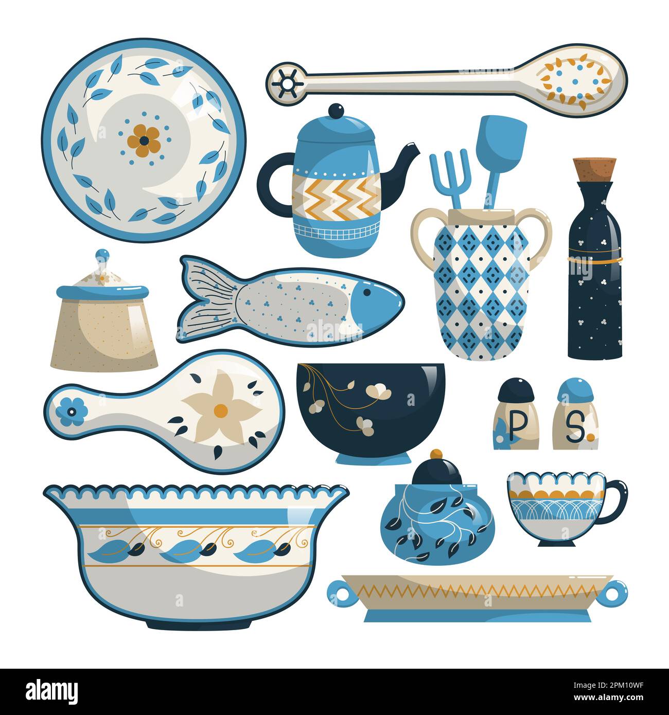 Ceramic crockery in rustic style cartoon illustration set Stock Vector ...