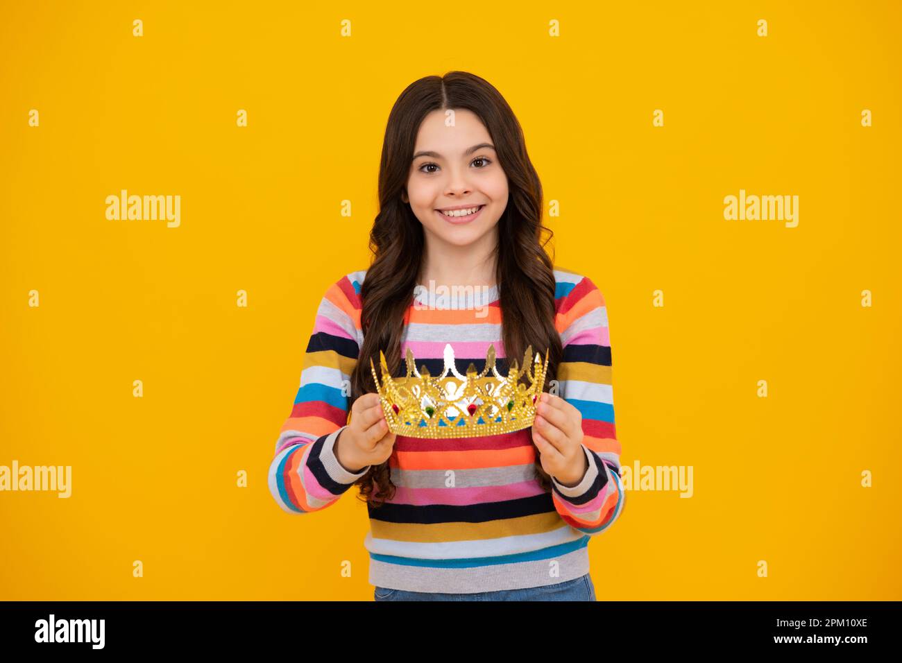 Teenager princess child celebrates success win and victory. Teen girl ...