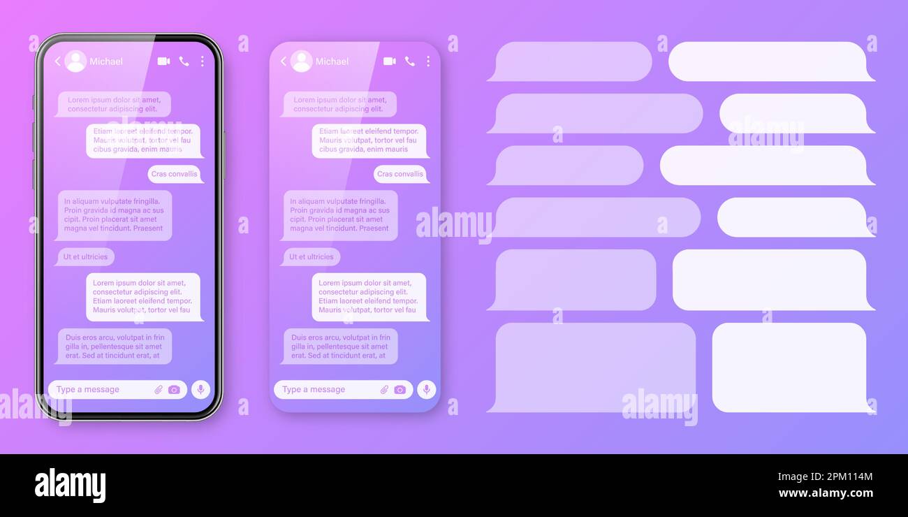 Realistic Smartphone With Messaging App On Colorful Violet Background Blank Sms Text Frame