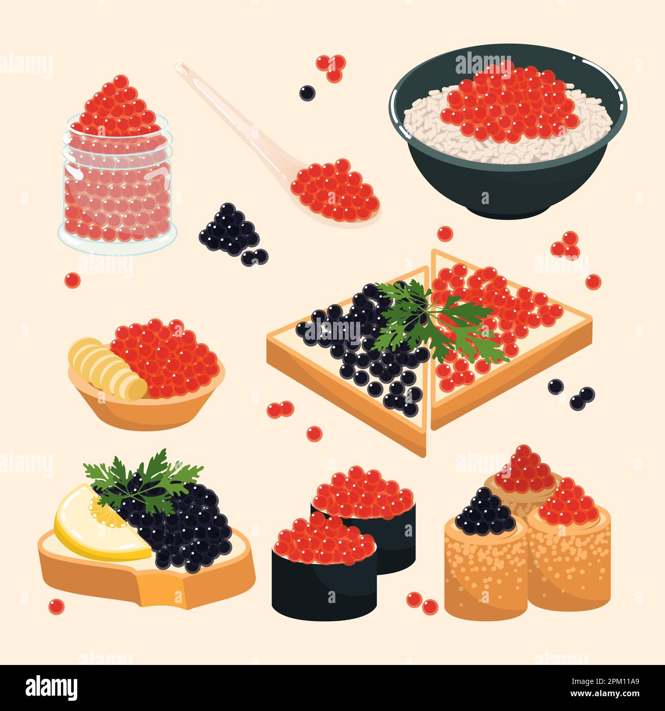 Dishes with red and black caviar cartoon illustration set Stock Vector ...