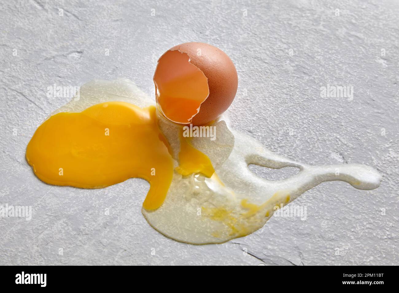 The smashed chicken egg splattered across the concrete floor Stock ...