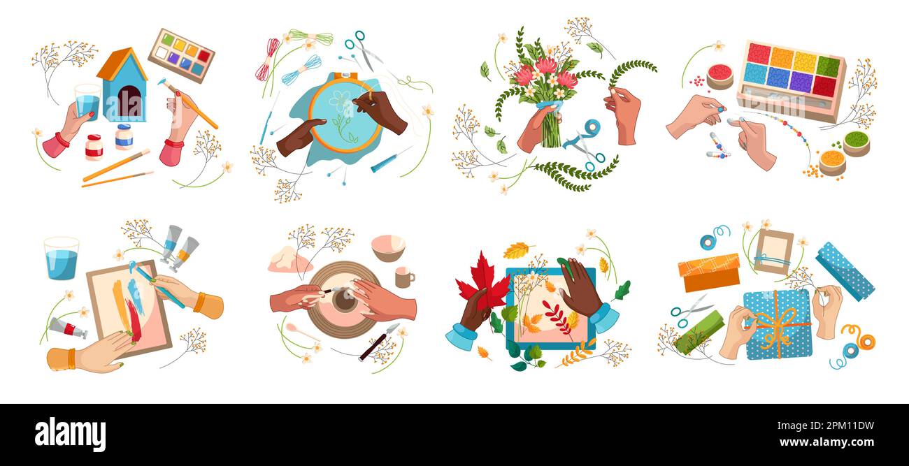 Hands doing creative decorations cartoon illustration set Stock Vector ...