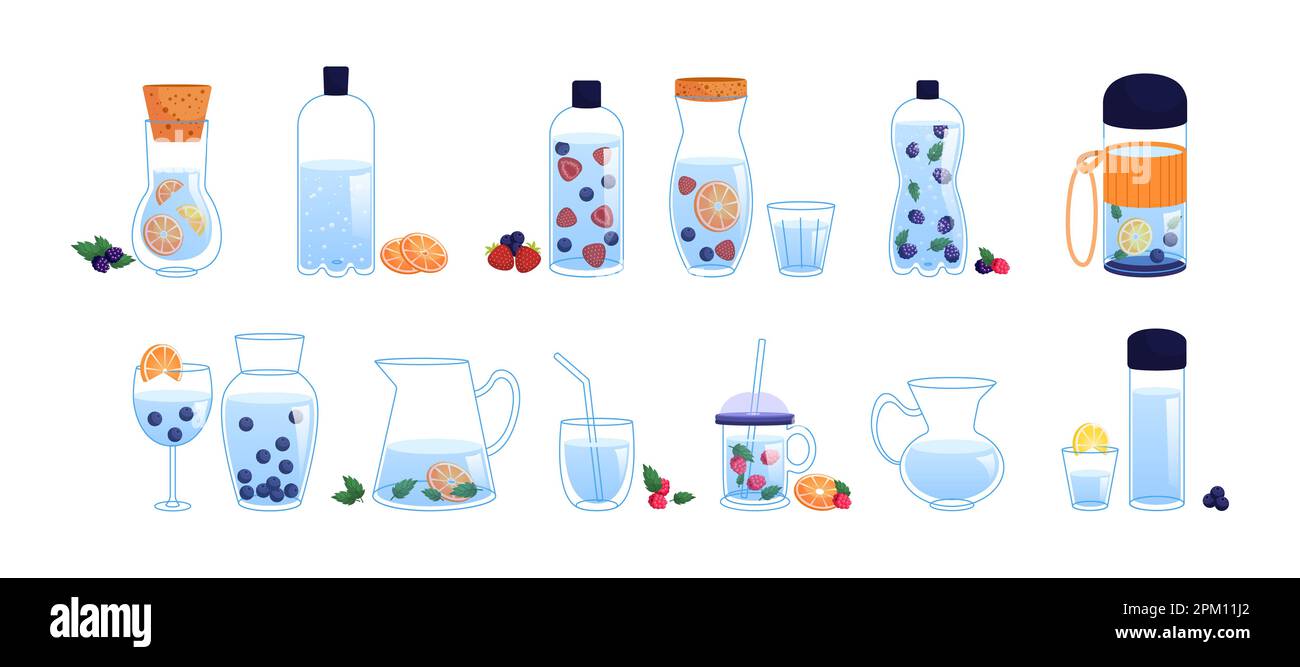 Cups and bottles of water with fruit vector illustrations set Stock ...