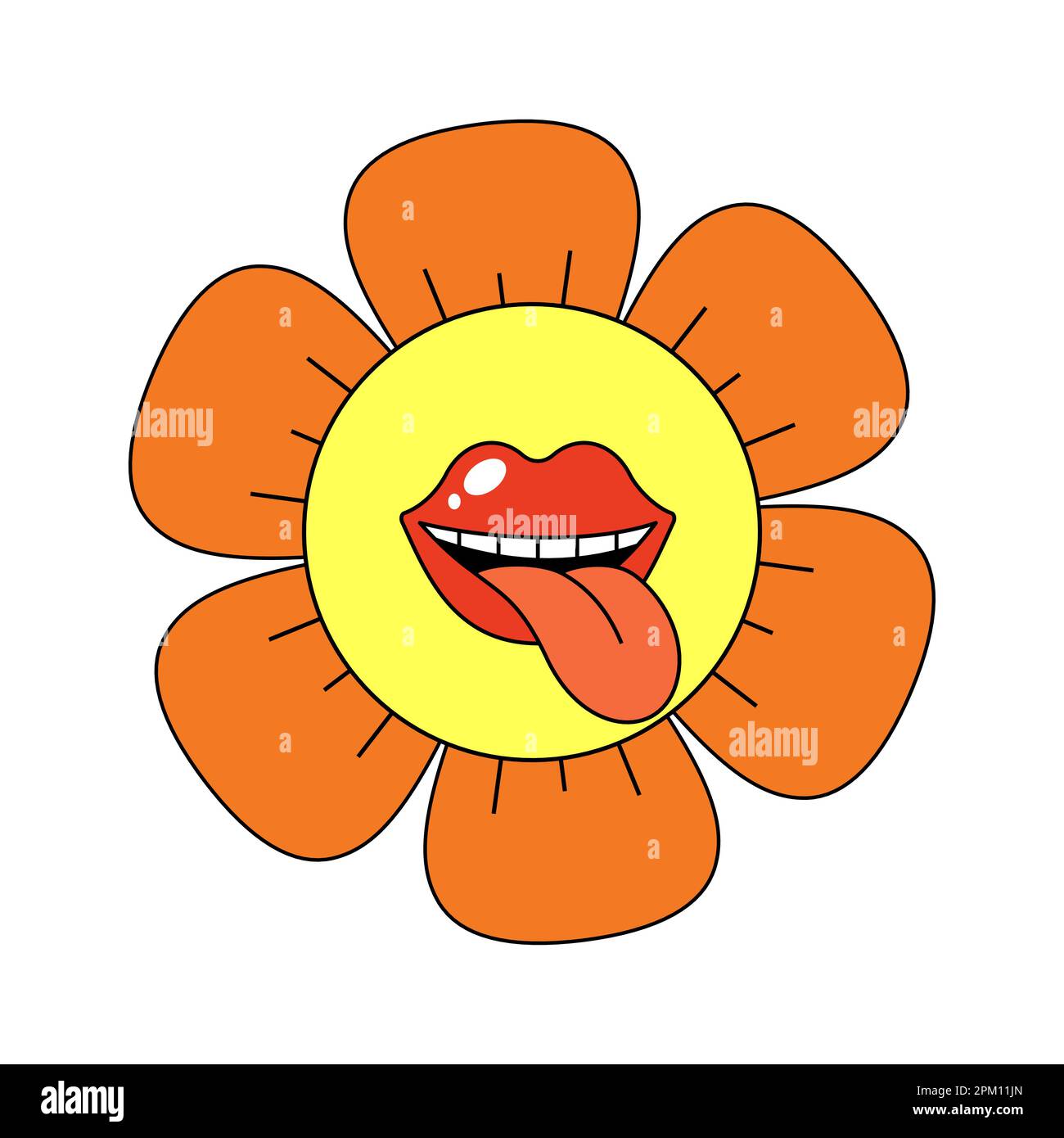 Retro charm groovy chamomile. Positive hippie style daisy with lips and tongue. Crazy hippy ...