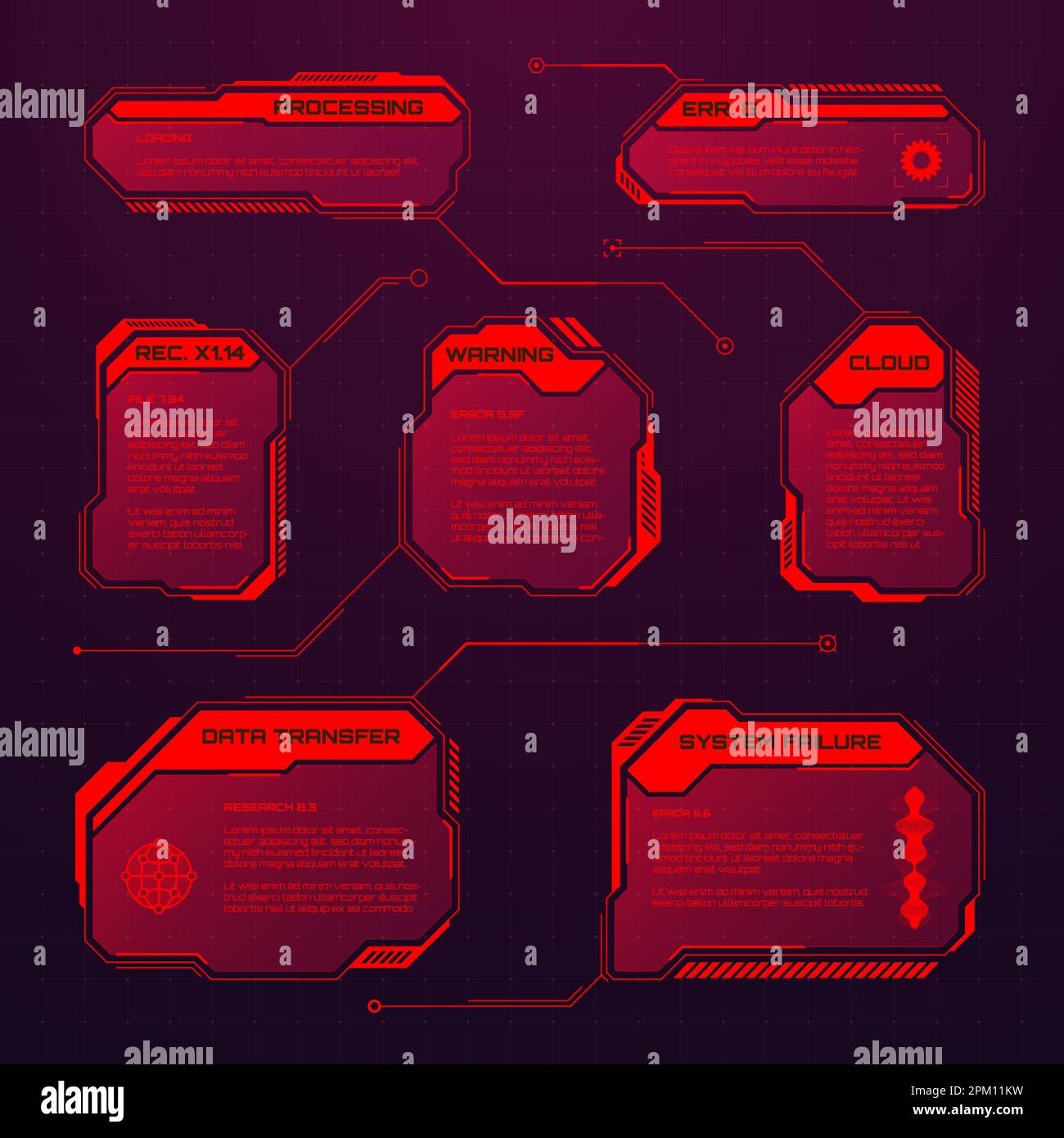 Red futuristic HUD or UI elements. Sci-fi user interface text boxes, callouts. Warning message ...