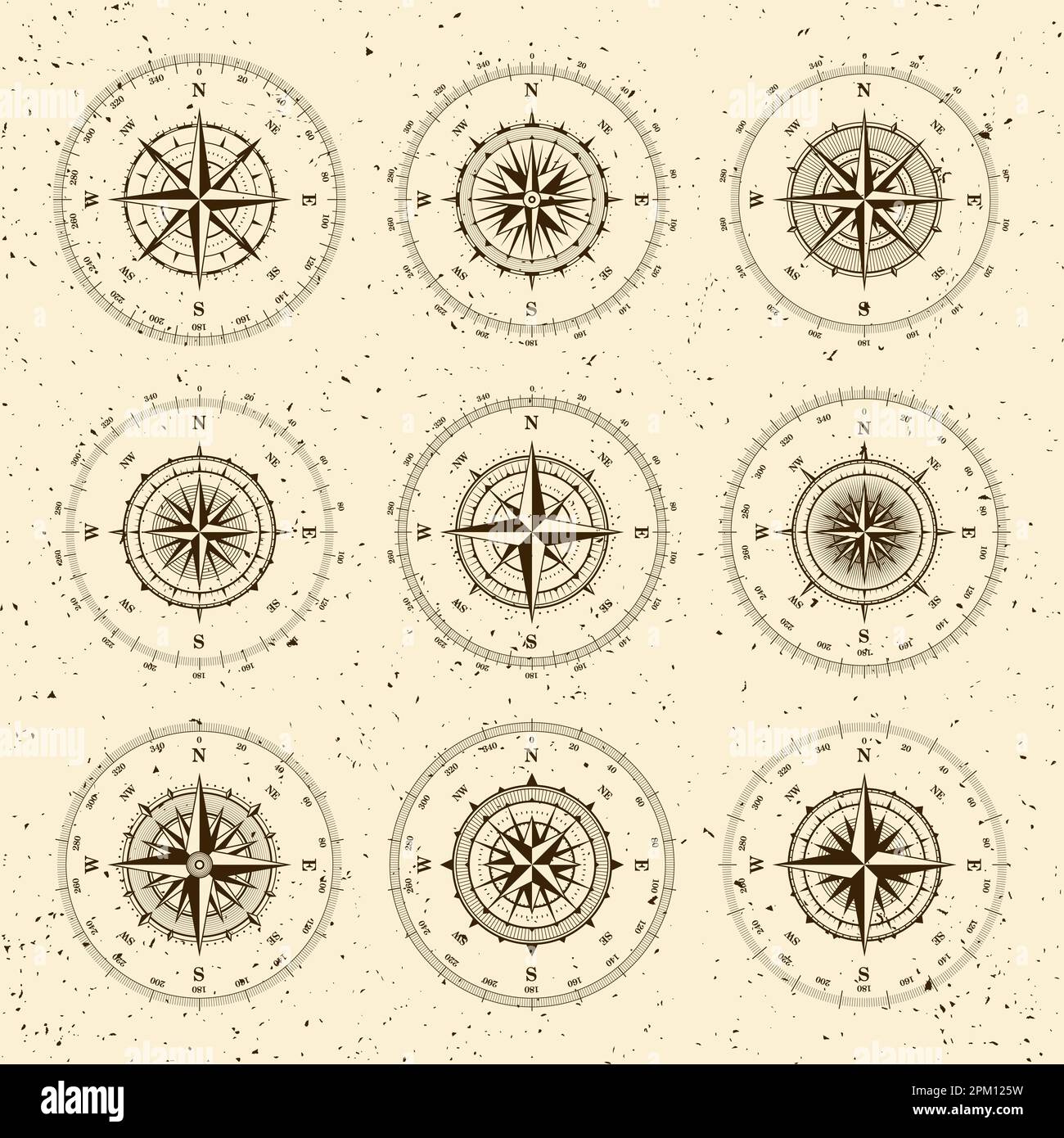 Vintage marine wind rose, nautical chart. Monochrome navigational ...