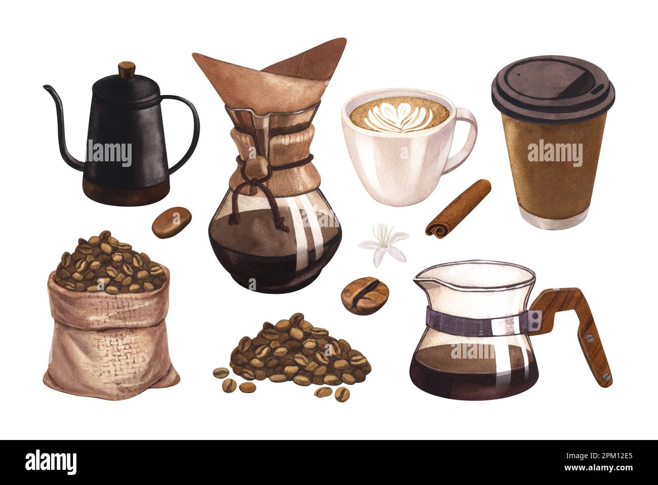 Watercolor set of coffee elements collection. Supplies: coffee makers ...