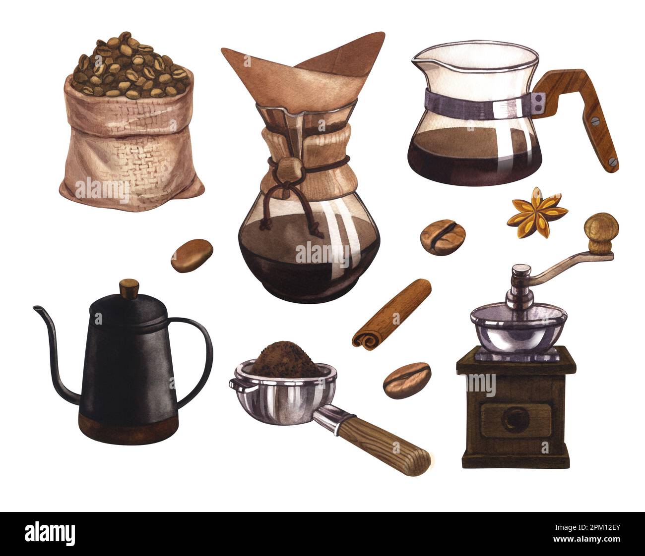 Watercolor set of coffee elements collection. Supplies: coffee makers ...