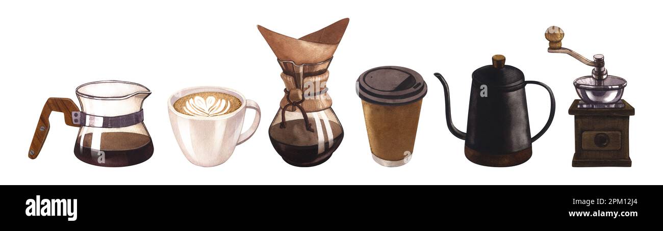 Watercolor set of coffee elements collection. Supplies: coffee makers ...